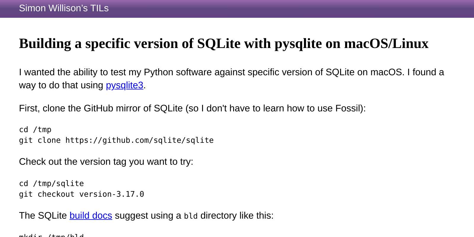 Building a specific version of SQLite with pysqlite on macOS/Linux | Simon Willison’s TILs