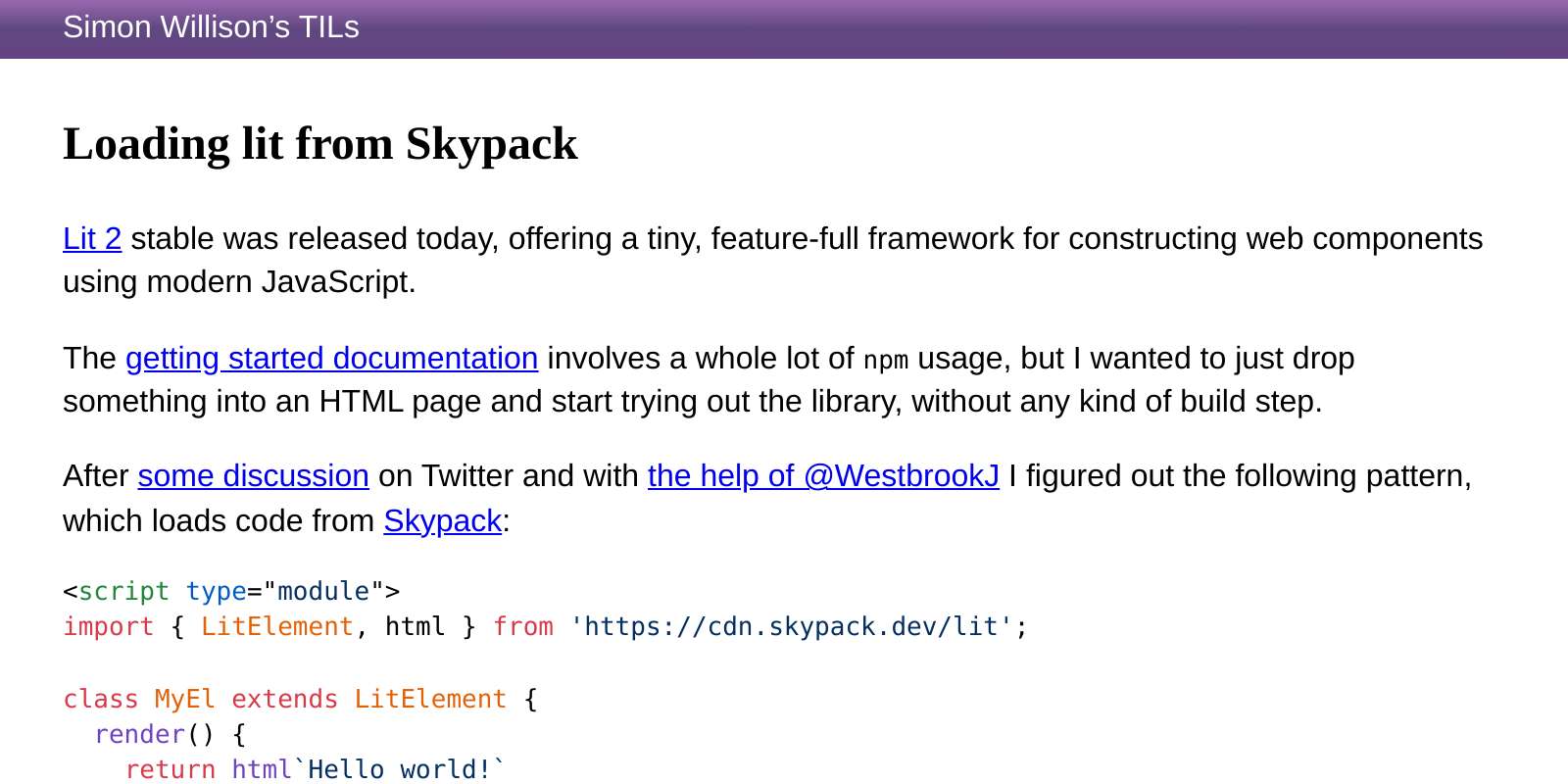 Loading lit from Skypack | Simon Willison’s TILs