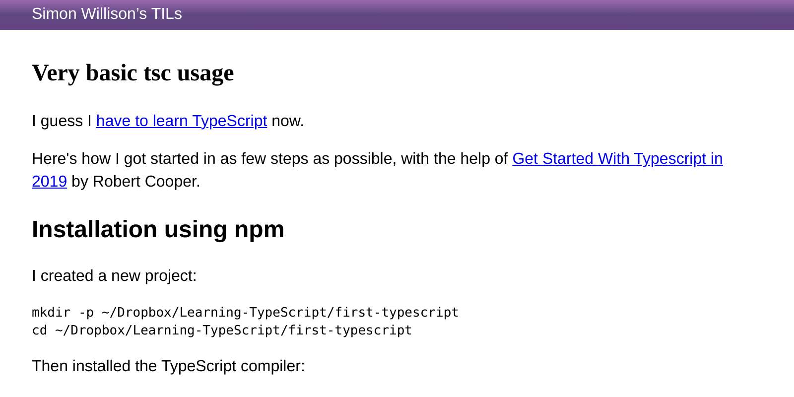 Very basic tsc usage | Simon Willison’s TILs