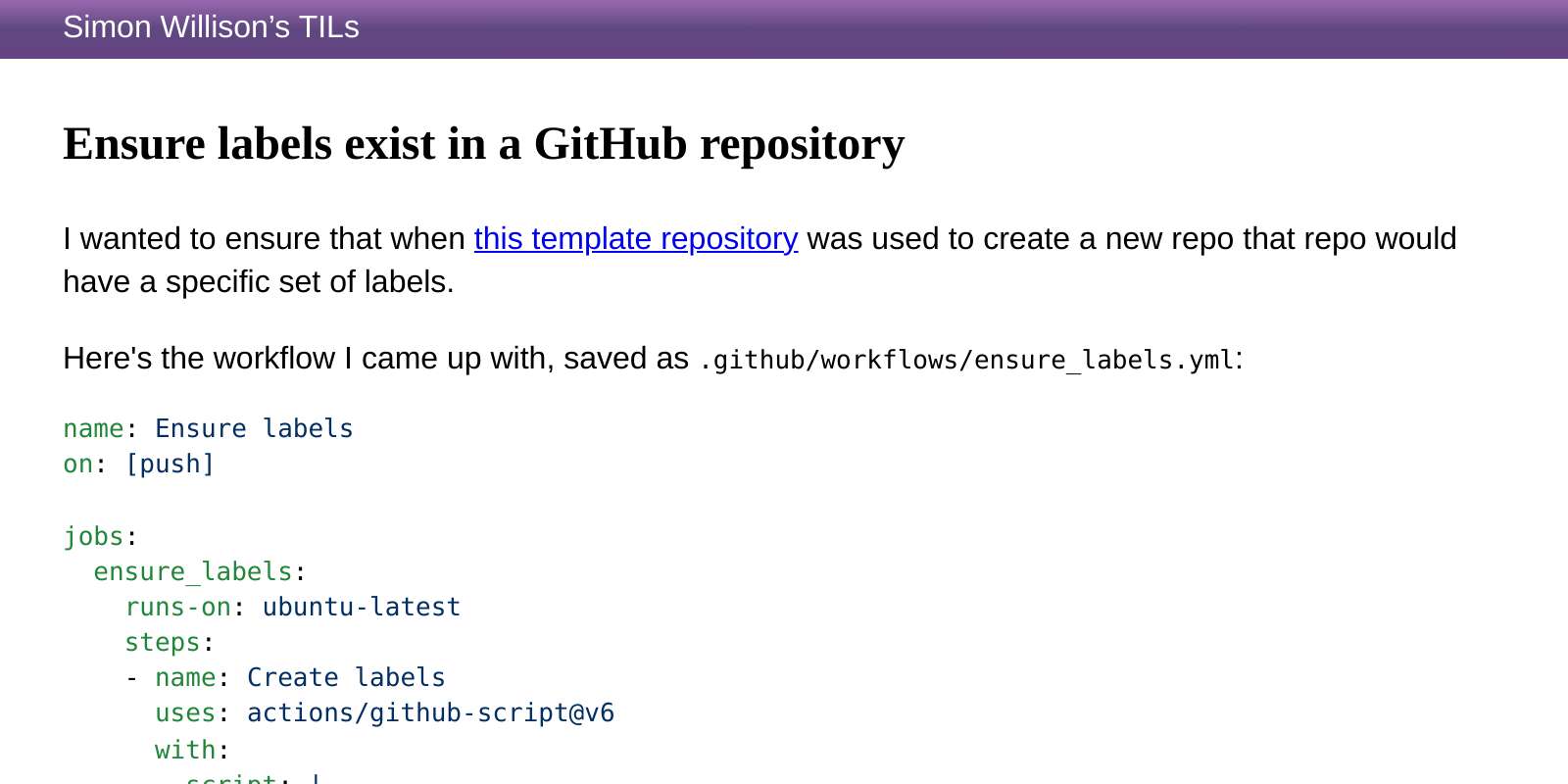 Ensure labels exist in a GitHub repository | Simon Willison’s TILs