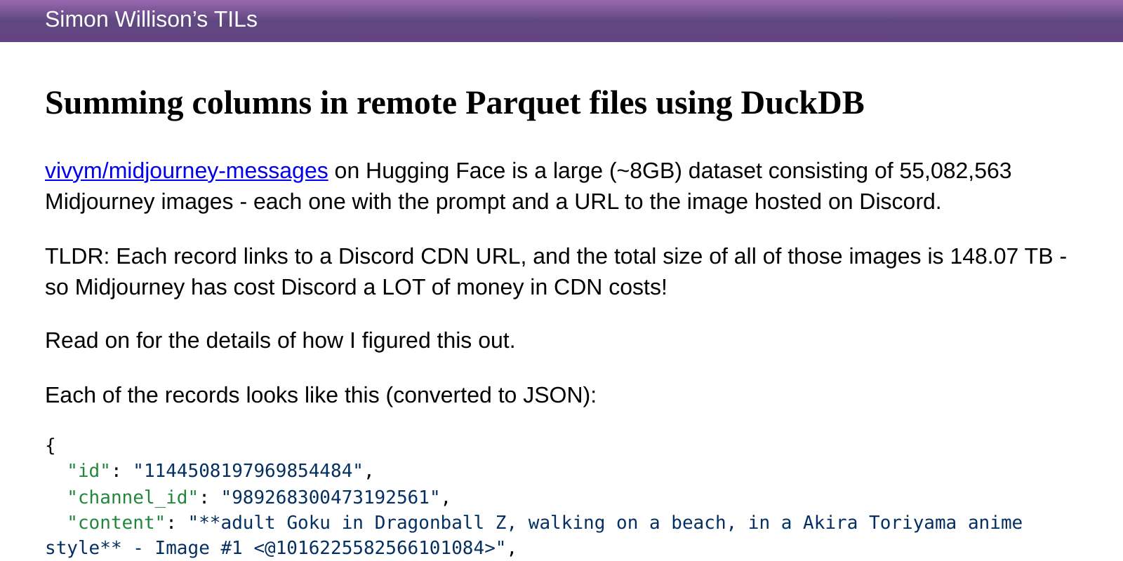 Summing columns in remote Parquet files using DuckDB | Simon Willison’s ... Summing columns in remote Parquet files using DuckDB | Simon Willison’s ...