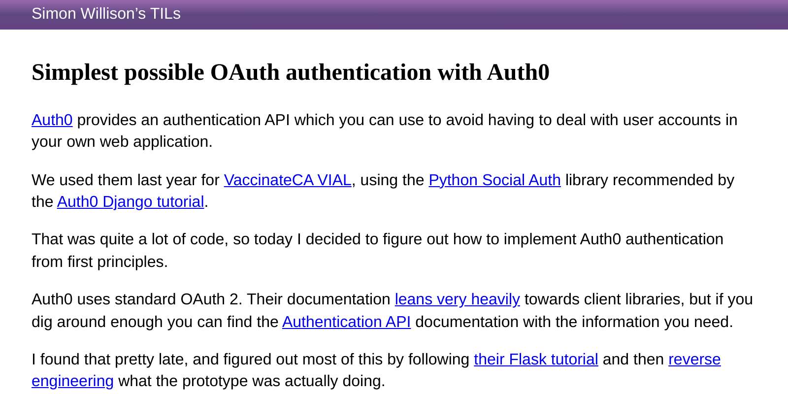 Simplest possible OAuth authentication with Auth0 | Simon Willison’s TILs