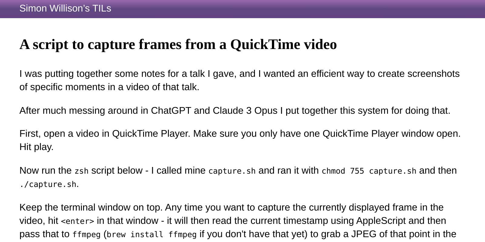 A script to capture frames from a QuickTime video | Simon Willison’s TILs