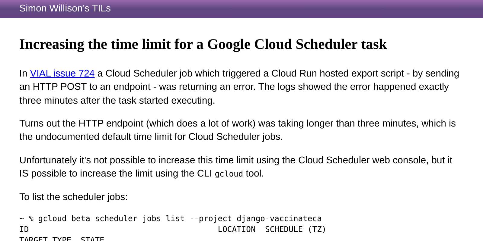 Increasing the time limit for a Google Cloud Scheduler task | Simon Willison’s TILs