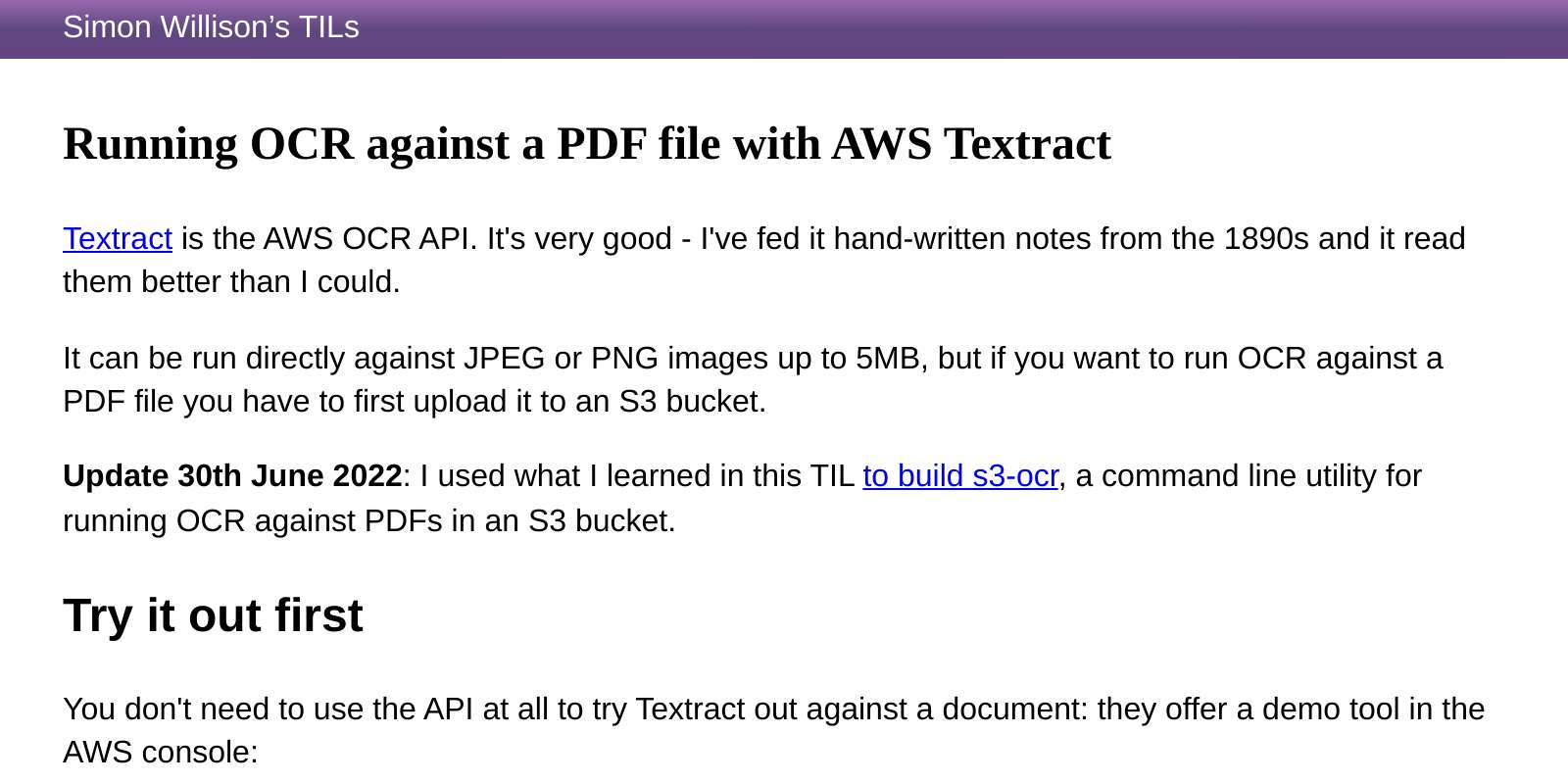 Running OCR against a PDF file with AWS Textract | Simon Willison’s TILs