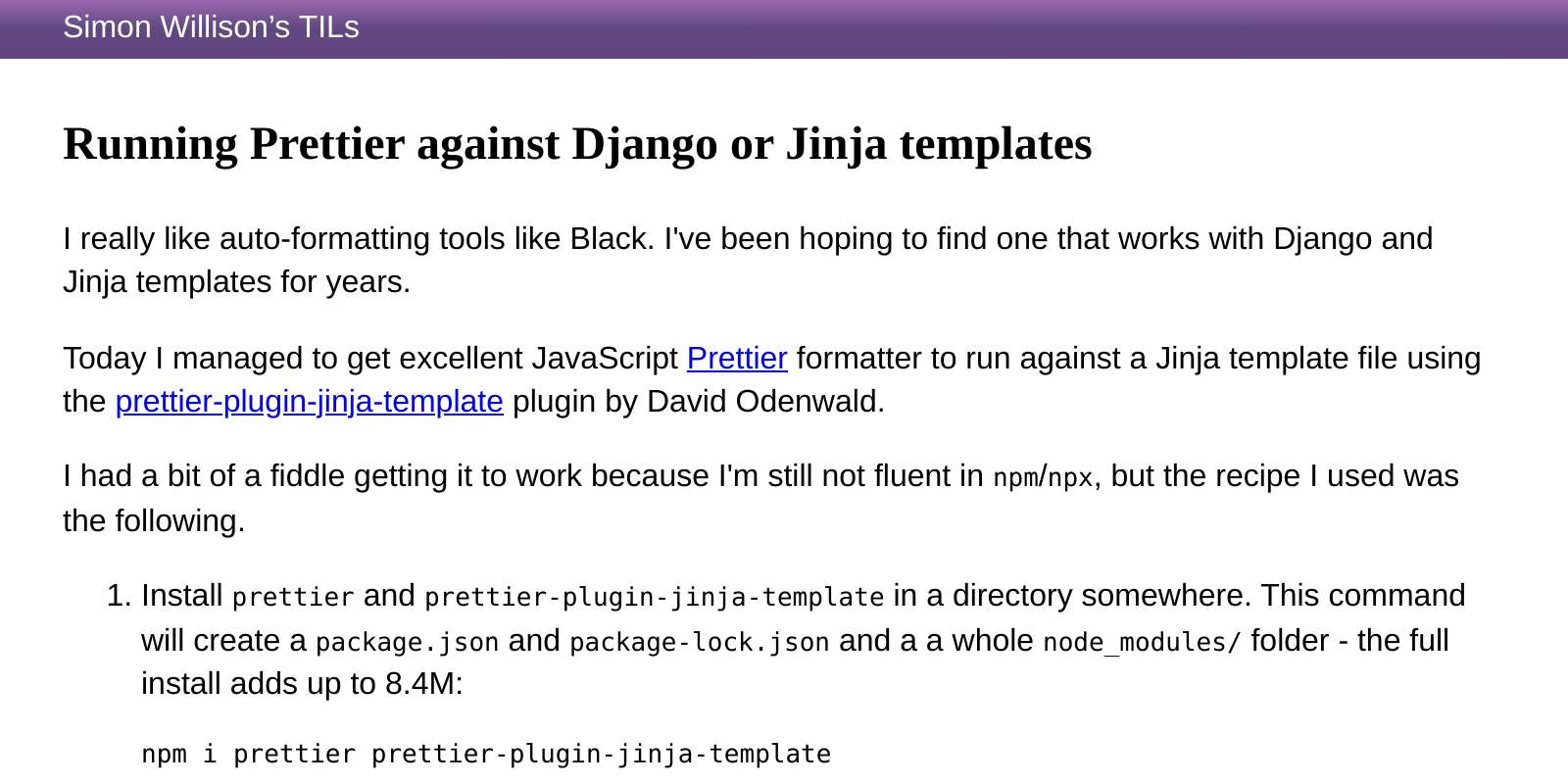 Running Prettier Against Django Or Jinja Templates Simon Willison S Tils