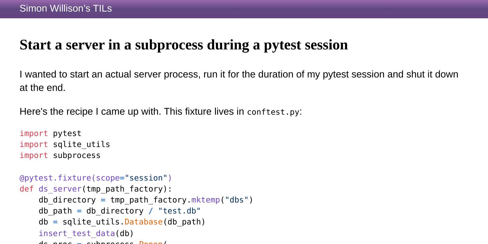 Start a server in a subprocess during a pytest session | Simon Willison ...
