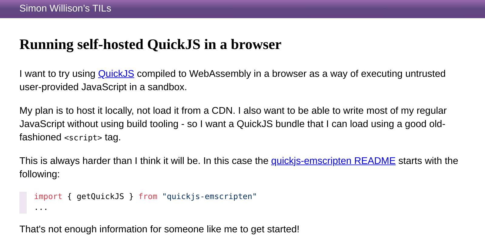Running self-hosted QuickJS in a browser | Simon Willison’s TILs