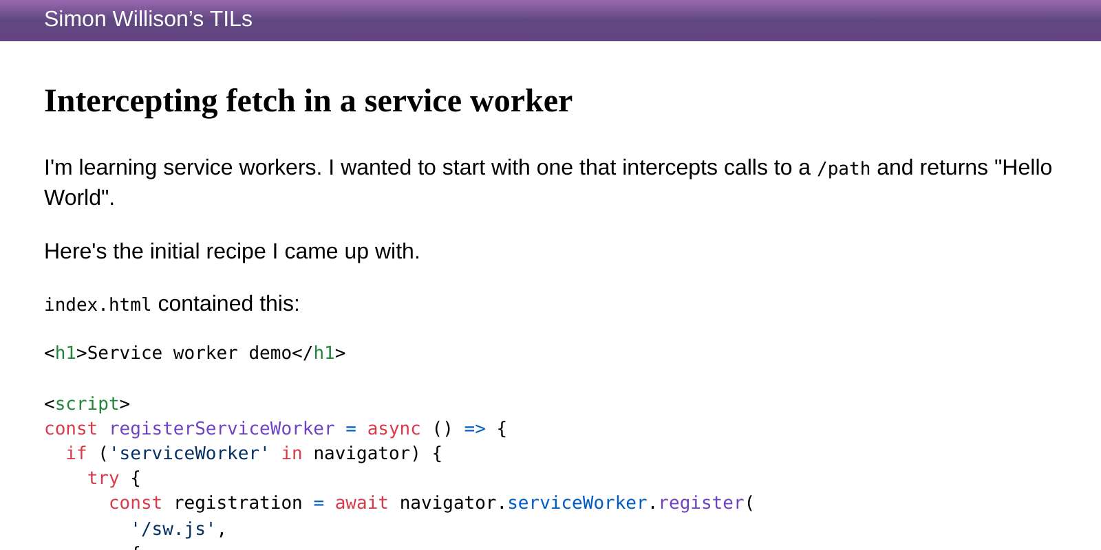 Intercepting fetch in a service worker | Simon Willison’s TILs