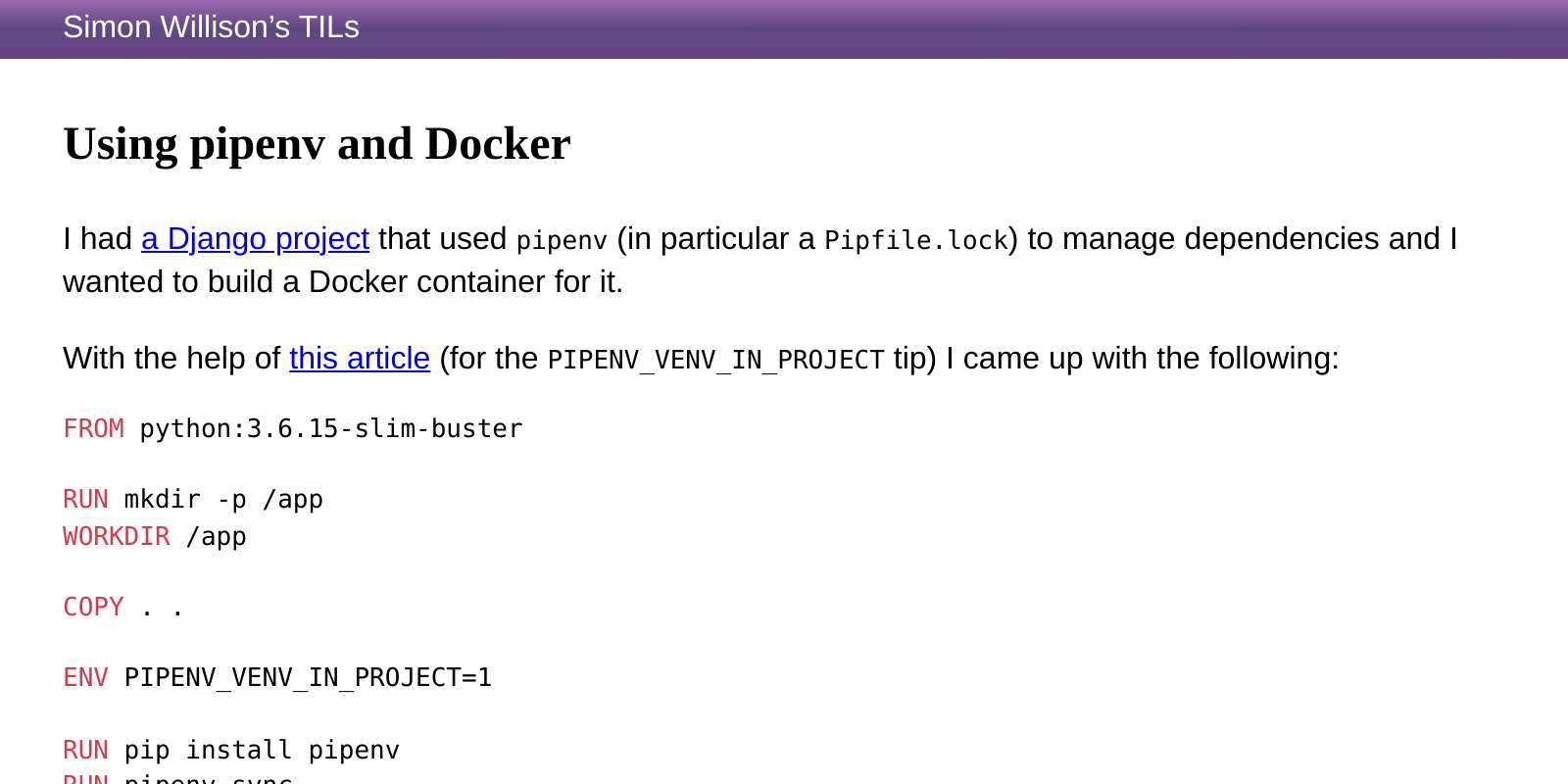 Using pipenv and Docker | Simon Willison’s TILs