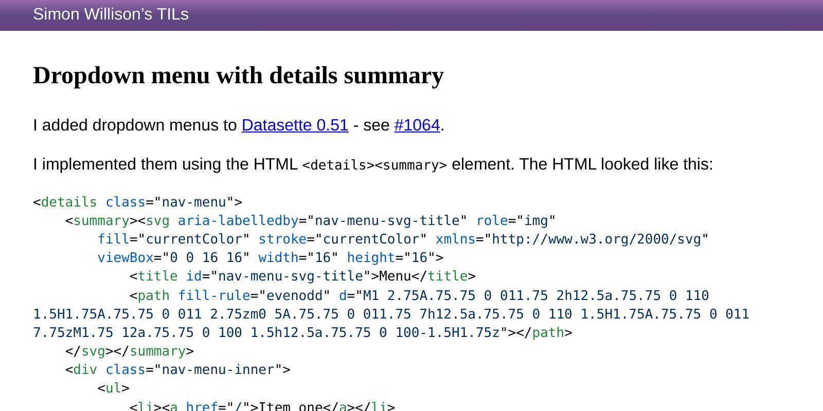 Dropdown menu with details summary | Simon Willison’s TILs
