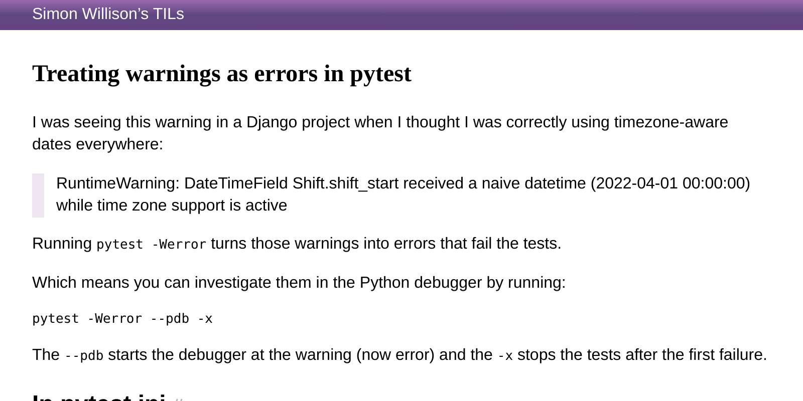 Treating warnings as errors in pytest | Simon Willison’s TILs