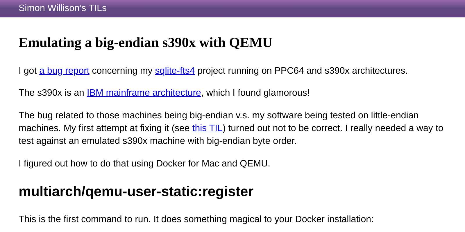 Emulating a big-endian s390x with QEMU | Simon Willison’s TILs