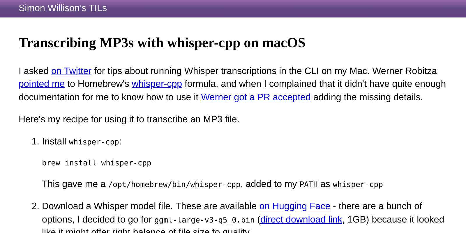 Transcribing MP3s with whisper-cpp on macOS | Simon Willison’s TILs
