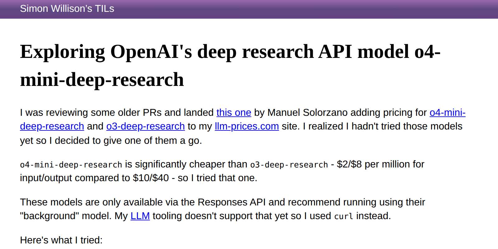 Exploring OpenAI's deep research API model o4-mini-deep-research | Simon Willison’s TILs