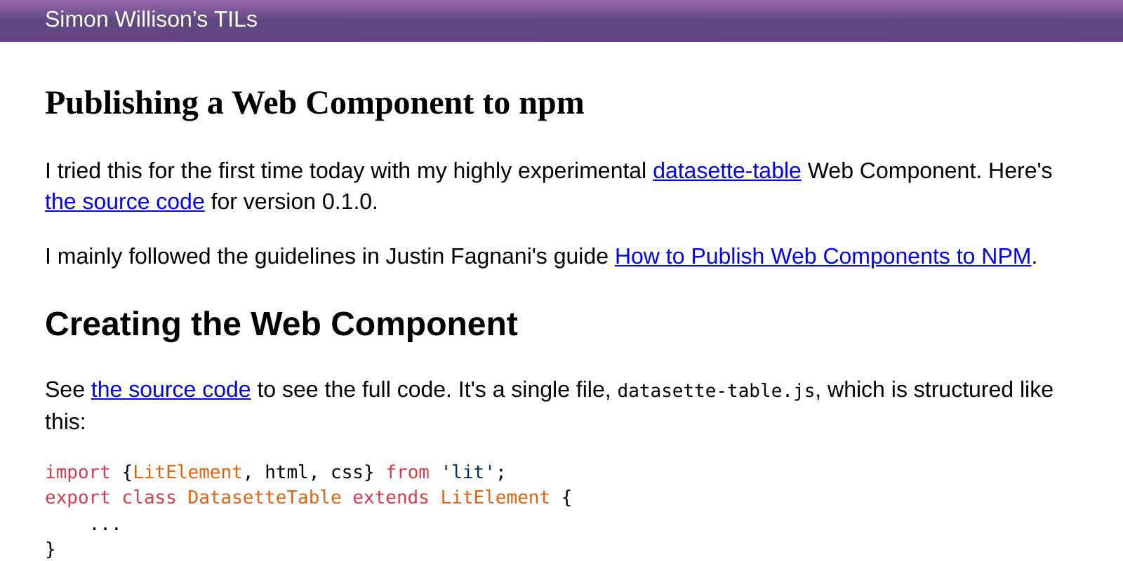 Publishing a Web Component to npm | Simon Willison’s TILs