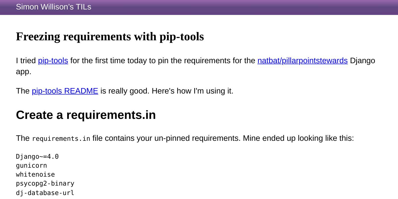 Freezing requirements with pip-tools | Simon Willison’s TILs