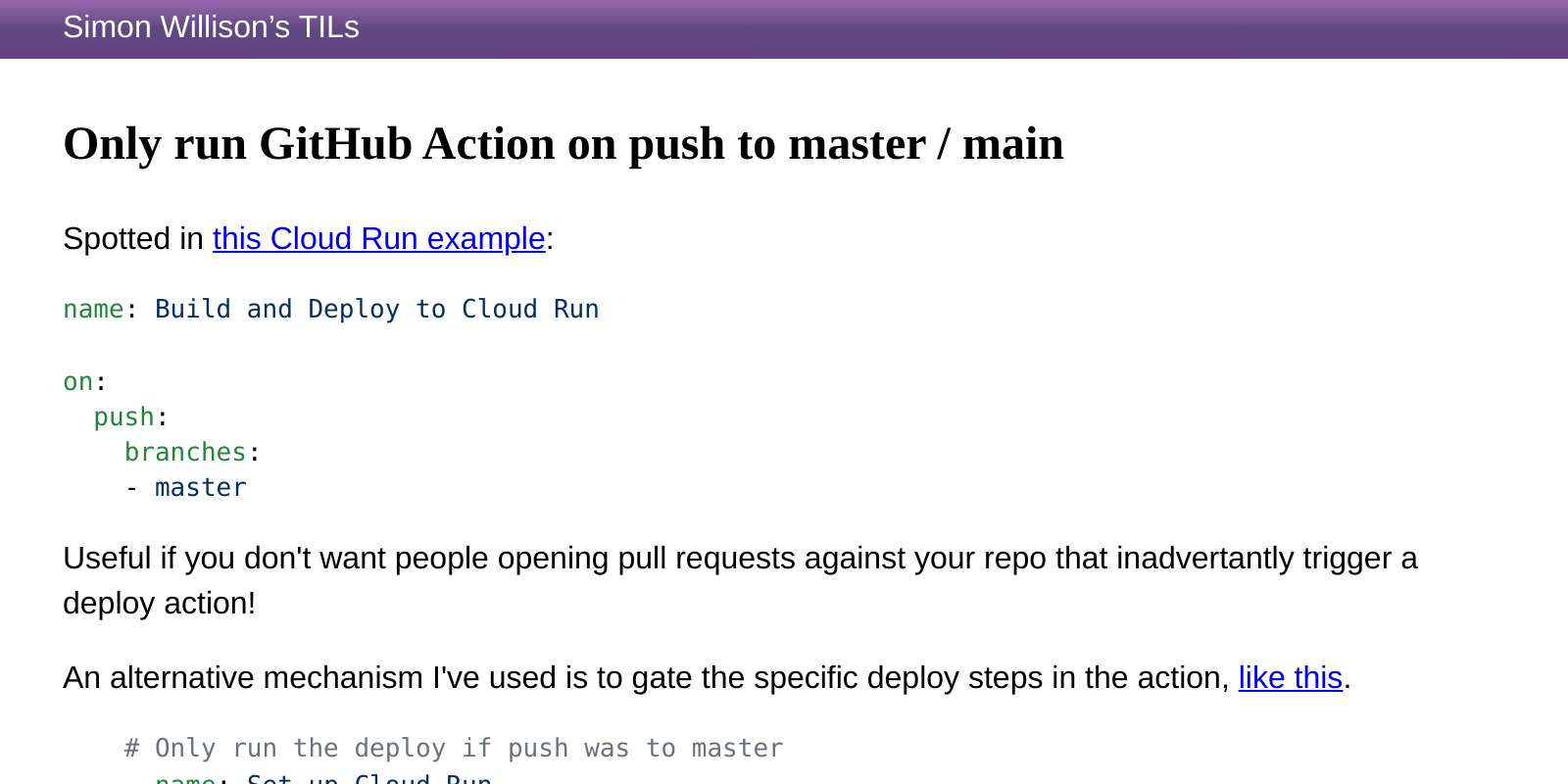 Only run GitHub Action on push to master / main | Simon Willison’s TILs