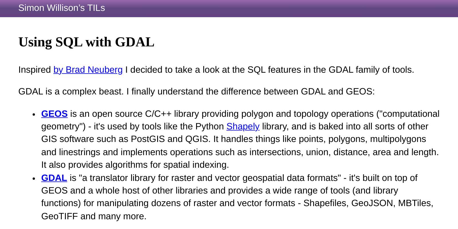 Using SQL with GDAL | Simon Willison’s TILs