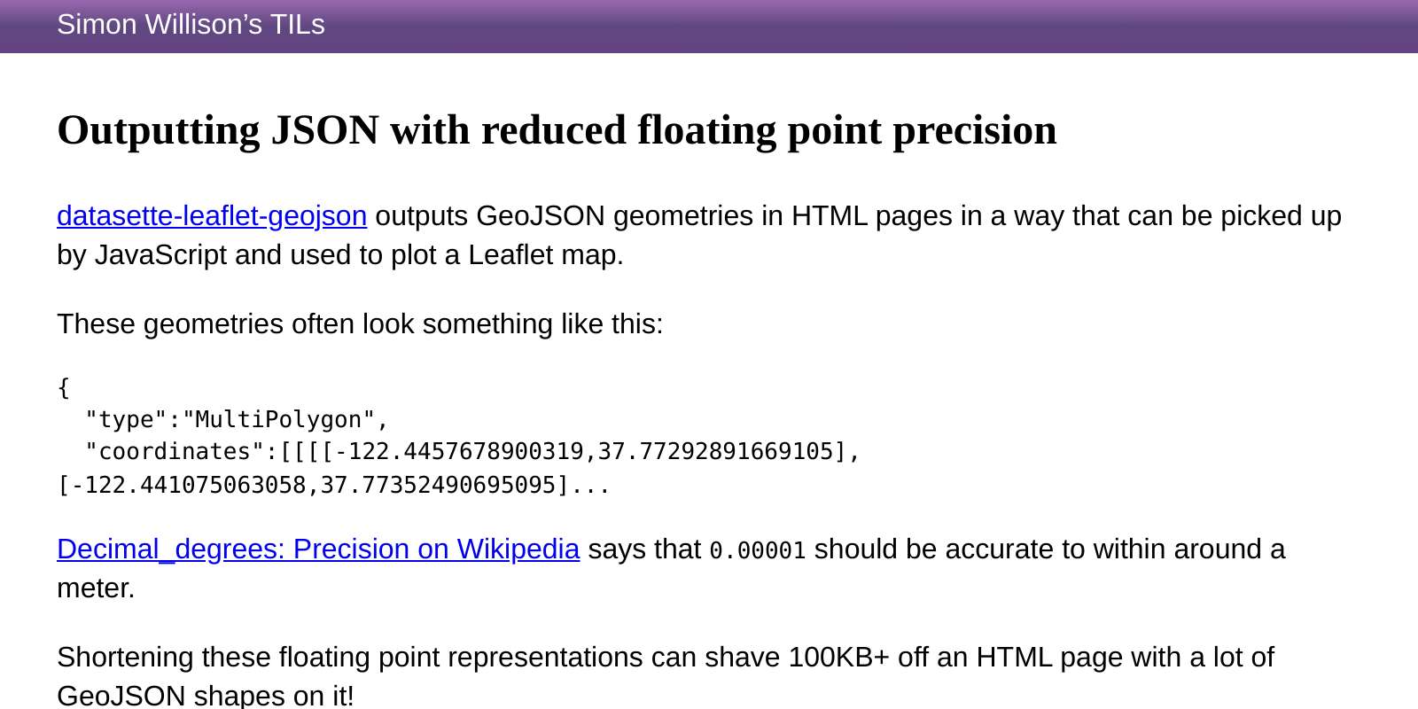 Outputting JSON With Reduced Floating Point Precision Simon Willison 