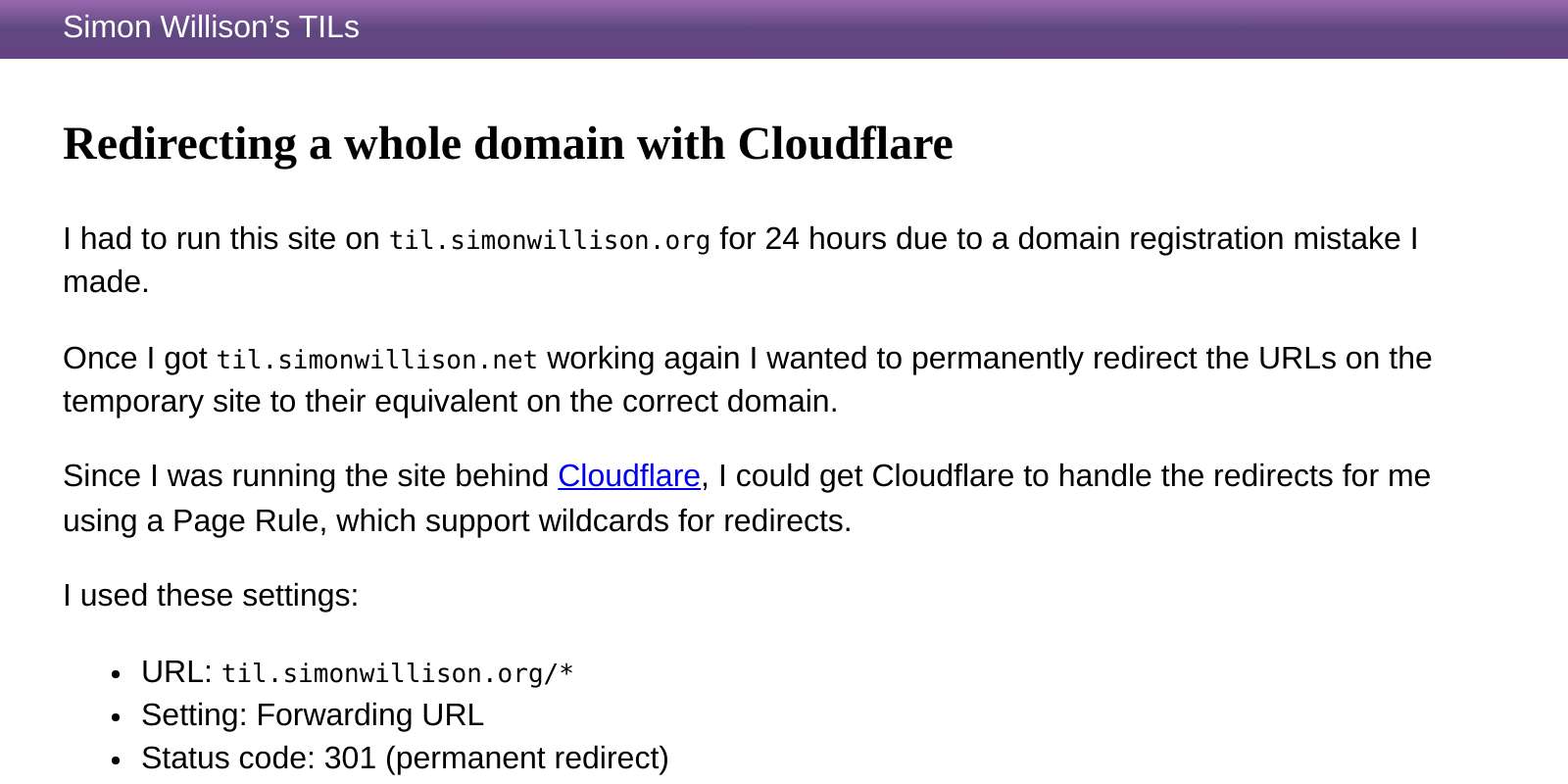 Redirecting a whole domain with Cloudflare | Simon Willison’s TILs