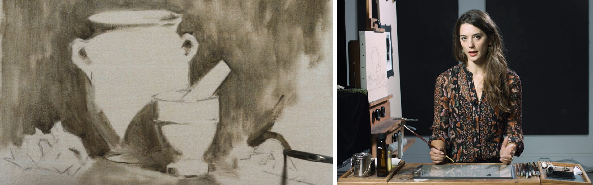 Still-life Painting of a Vase and a Mortar: Underpainting | New Masters ...