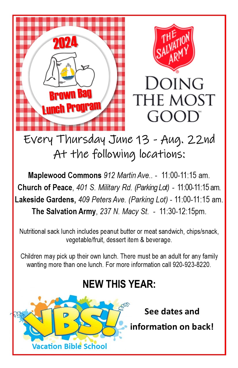 Summer Brown Bag Free Sack Lunch Program - Fond du Lac Salvation Army