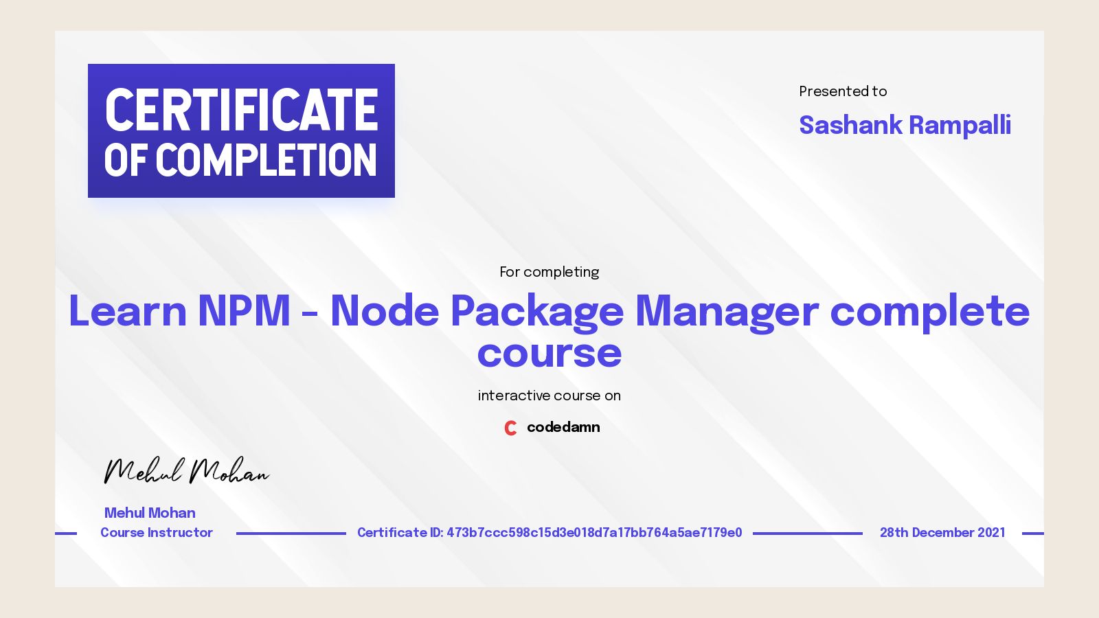 Sashank Rampalli's certification for Learn NPM - Node Package Manager complete course - Codedamn