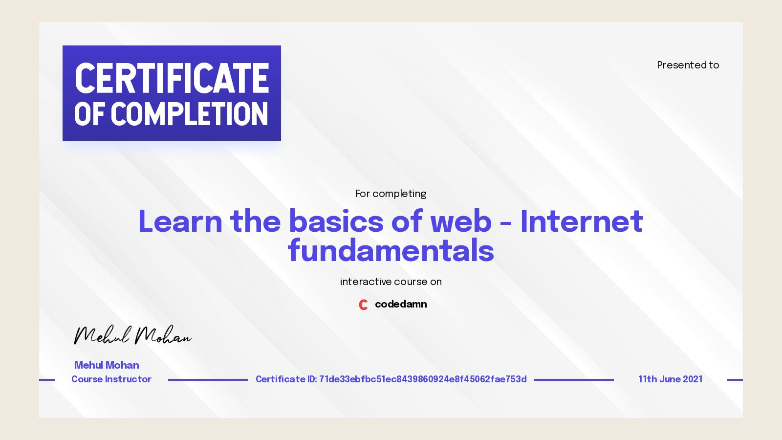陈绪行's certification for Learn the basics of web - Internet fundamentals - Codedamn