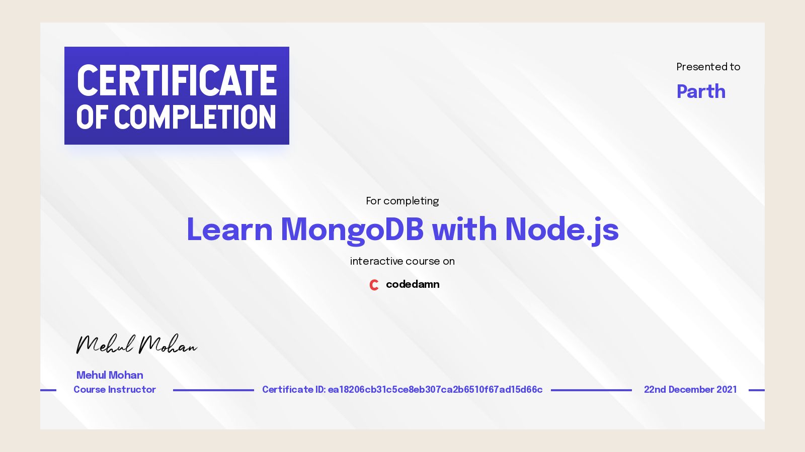 Parth's certification for Learn MongoDB with Node.js - Codedamn