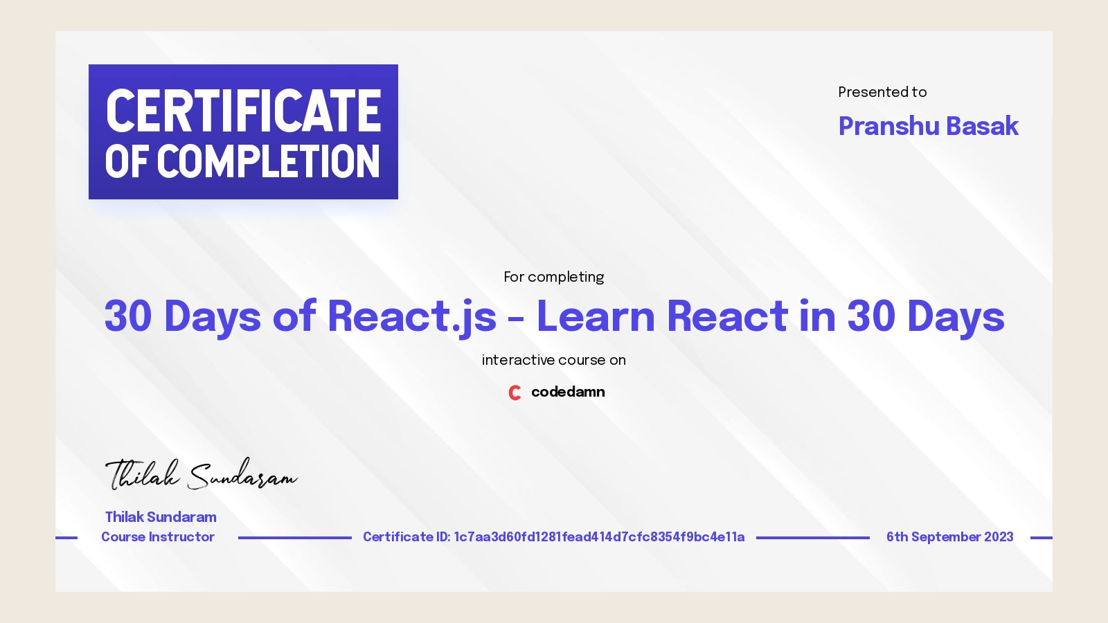 Pranshu Basak's certification for 30 Days of React.js - Learn React in 30 Days - Codedamn