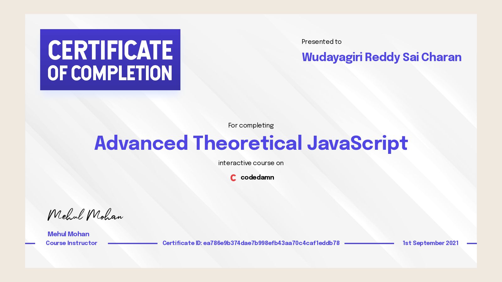 Wudayagiri Reddy Sai Charan's certification for Advanced Theoretical JavaScript - Codedamn