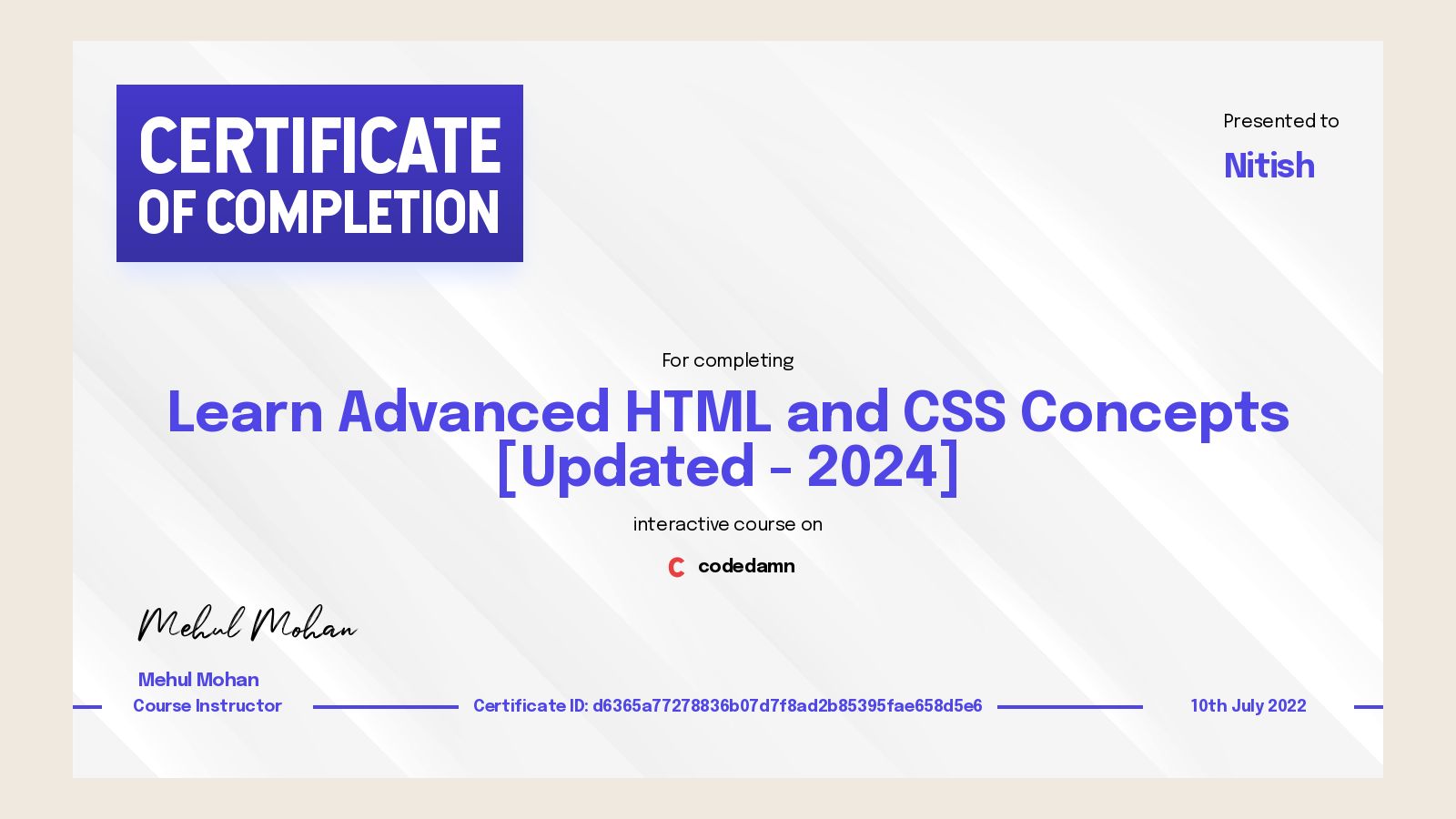 Nitish's certification for Learn Advanced HTML and CSS Concepts [Updated - 2024] - Codedamn