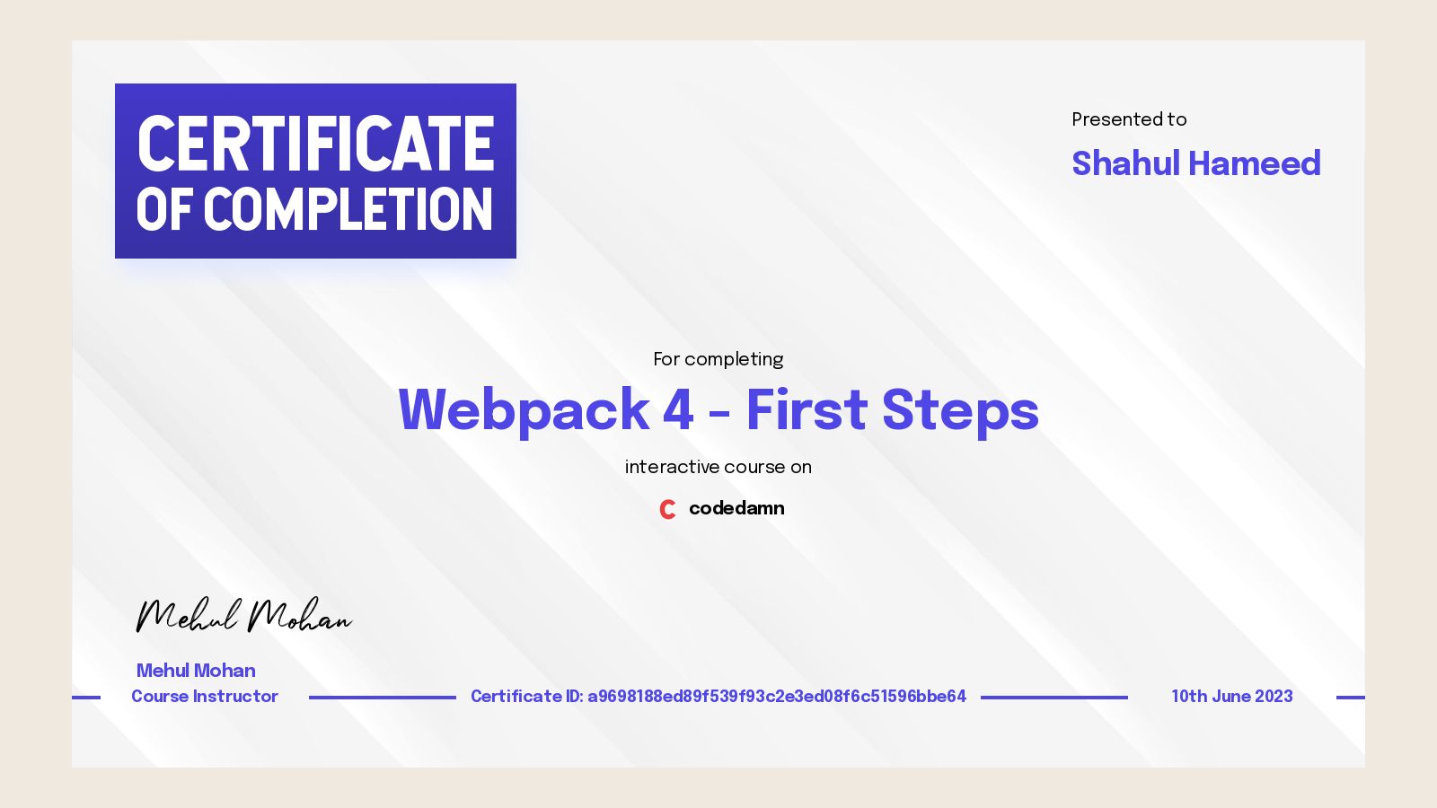 Shahul Hameed's certification for Webpack 4 - First Steps - Codedamn