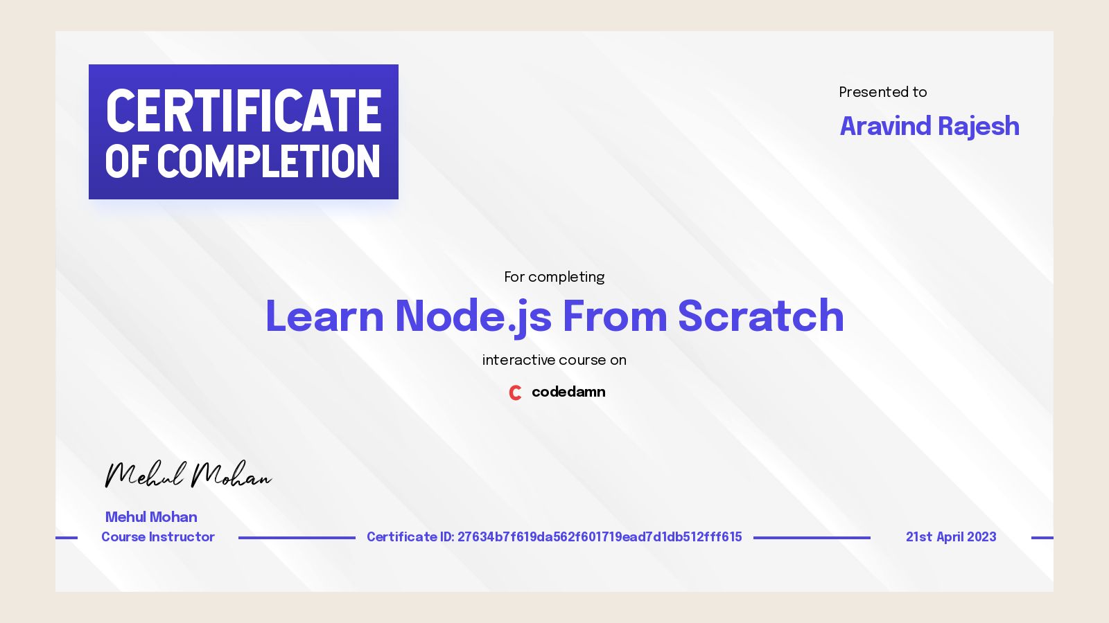 Aravind Rajesh's certification for Learn Node.js From Scratch - Codedamn