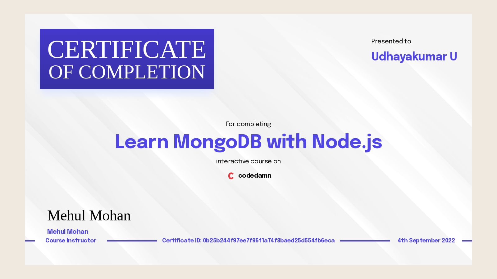 Udhayakumar U's certification for Learn MongoDB with Node.js - Codedamn