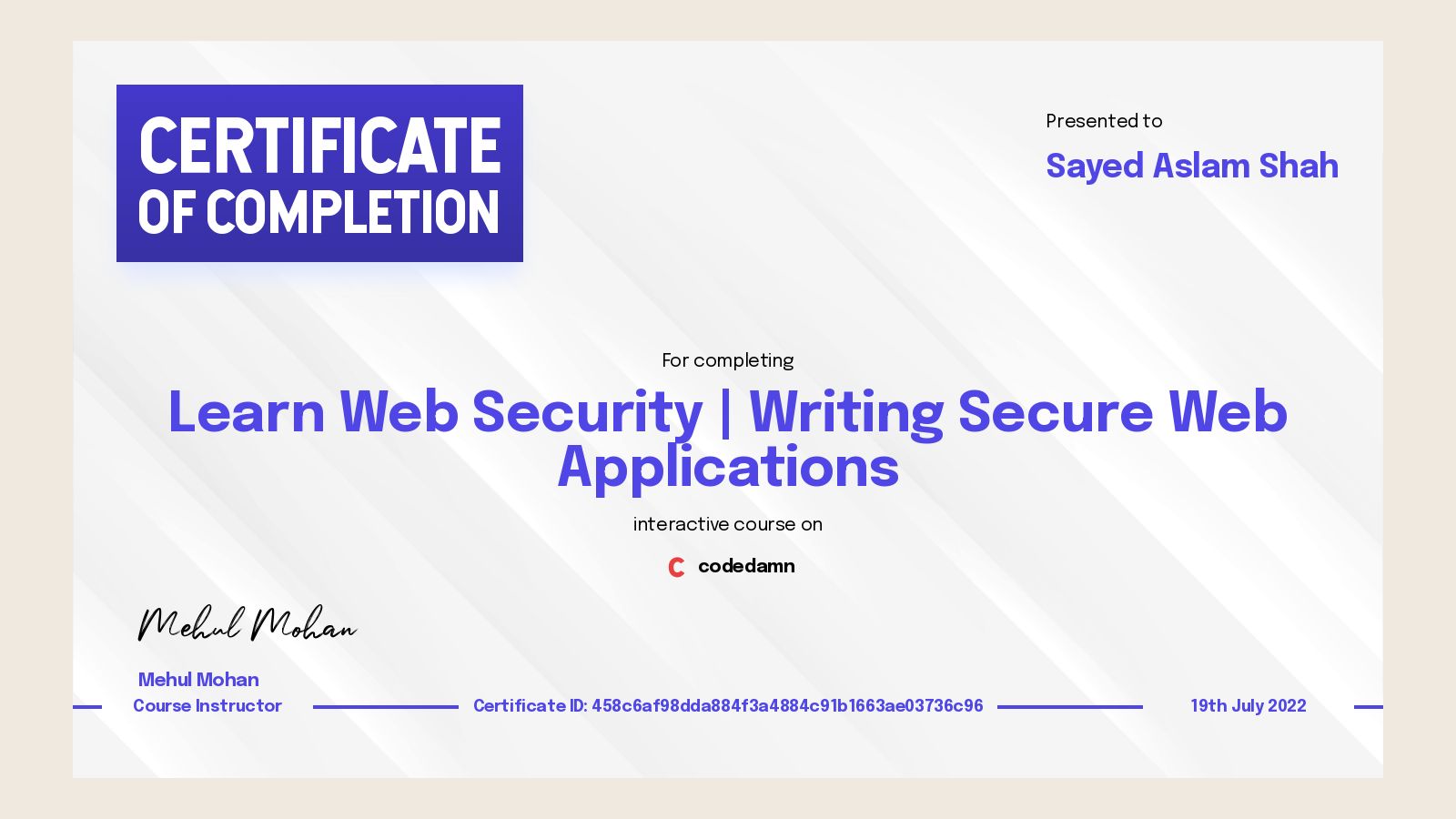 Sayed Aslam Shahs Certification For Learn Web Security Writing Secure Web Applications Codedamn