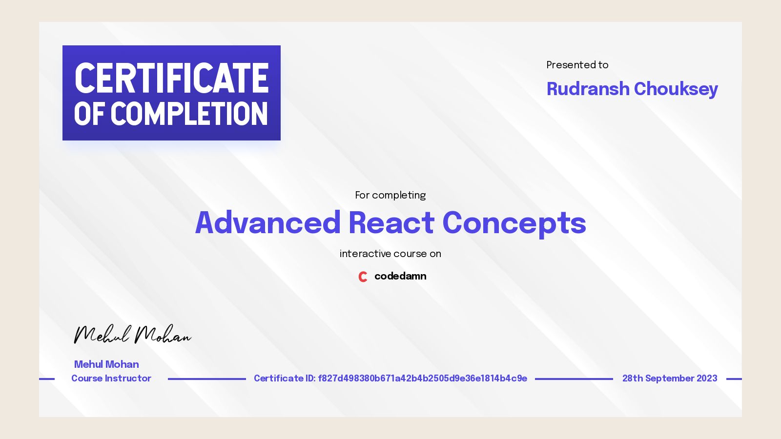 Rudransh Chouksey's certification for Advanced React Concepts - Codedamn