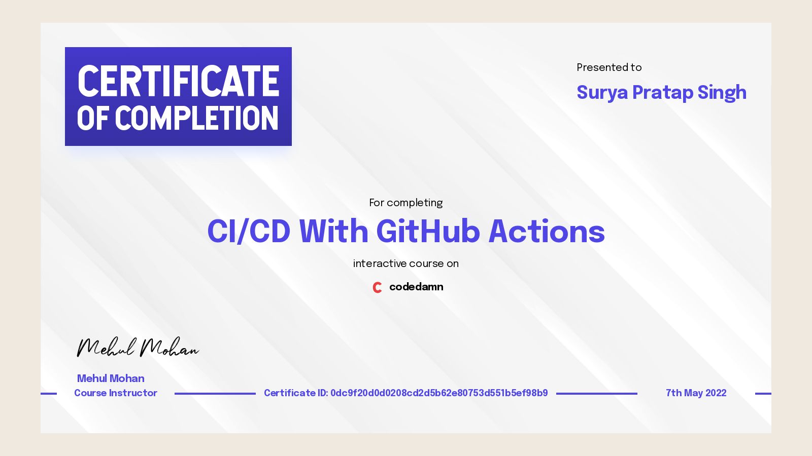 Surya Pratap Singh's certification for CI/CD With GitHub Actions - Codedamn