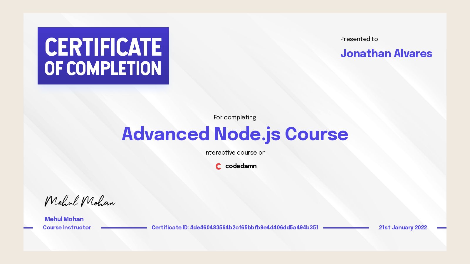 Jonathan Alvares's certification for Advanced Node.js Course - Codedamn