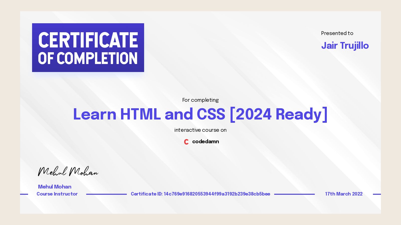 Jair Trujillo's certification for Learn HTML and CSS [2024 Ready] - Codedamn