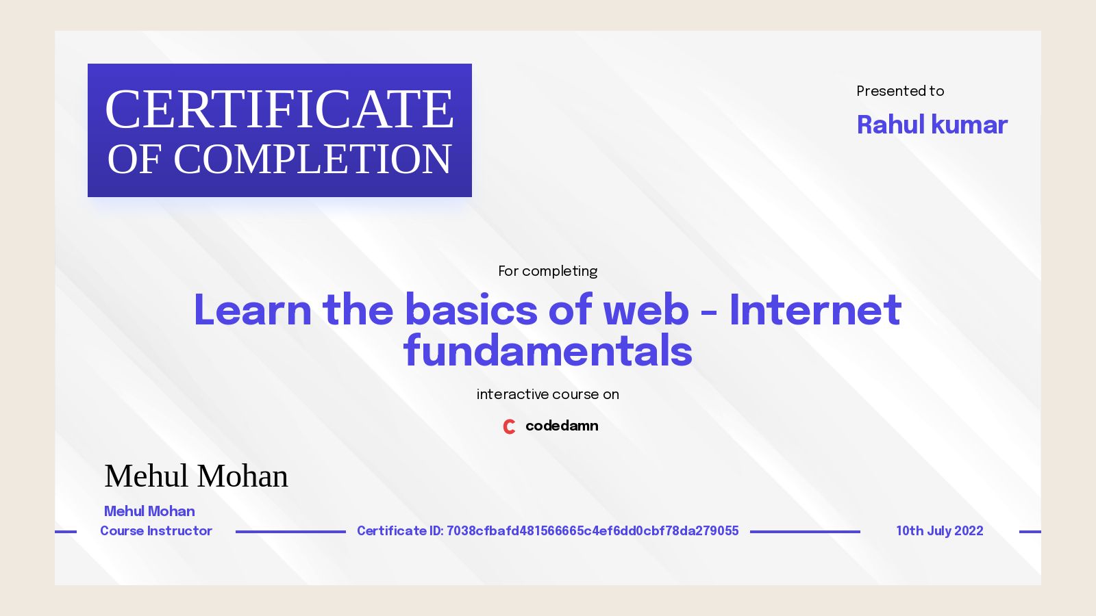 Rahul Kumars Certification For Learn The Basics Of Web Internet Fundamentals Codedamn