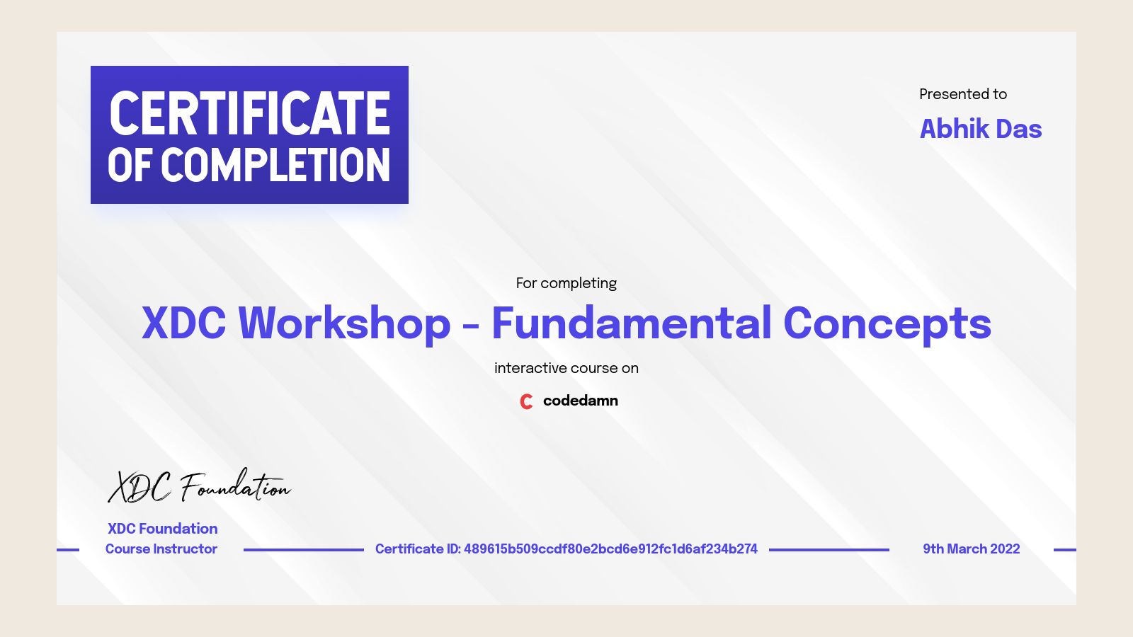 Abhik Das's certification for XDC Workshop - Fundamental Concepts ...