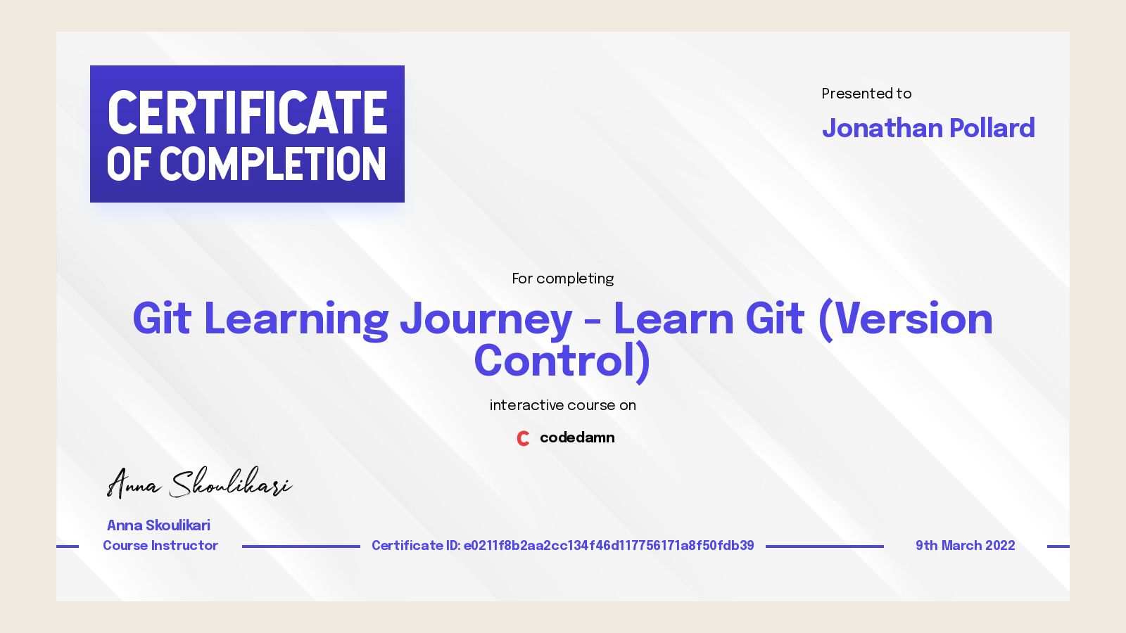 Jonathan Pollard's certification for Git Learning Journey - Learn Git (Version Control) - Codedamn