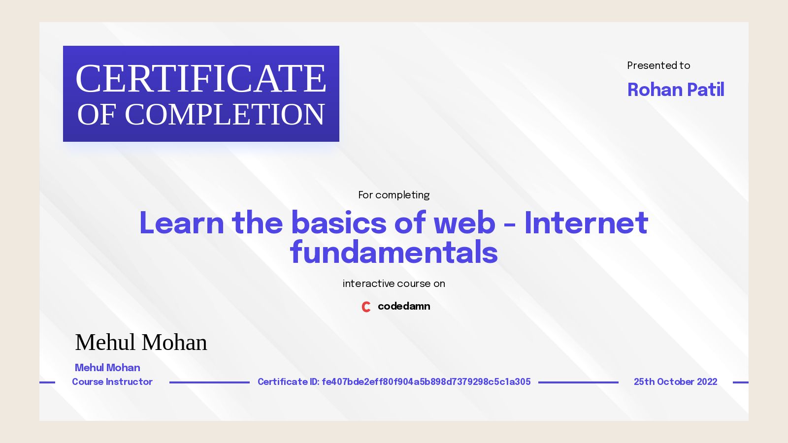 Rohan Patils Certification For Learn The Basics Of Web Internet Fundamentals Codedamn