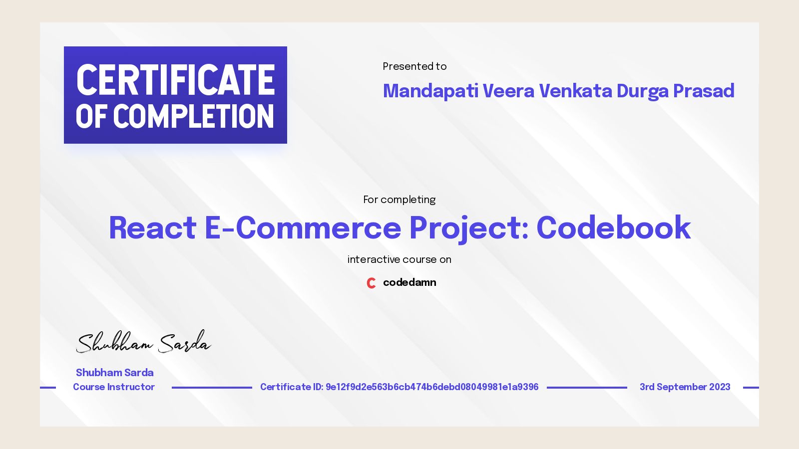 Mandapati Veera Venkata Durga Prasad's certification for React E-Commerce Project: Codebook ...