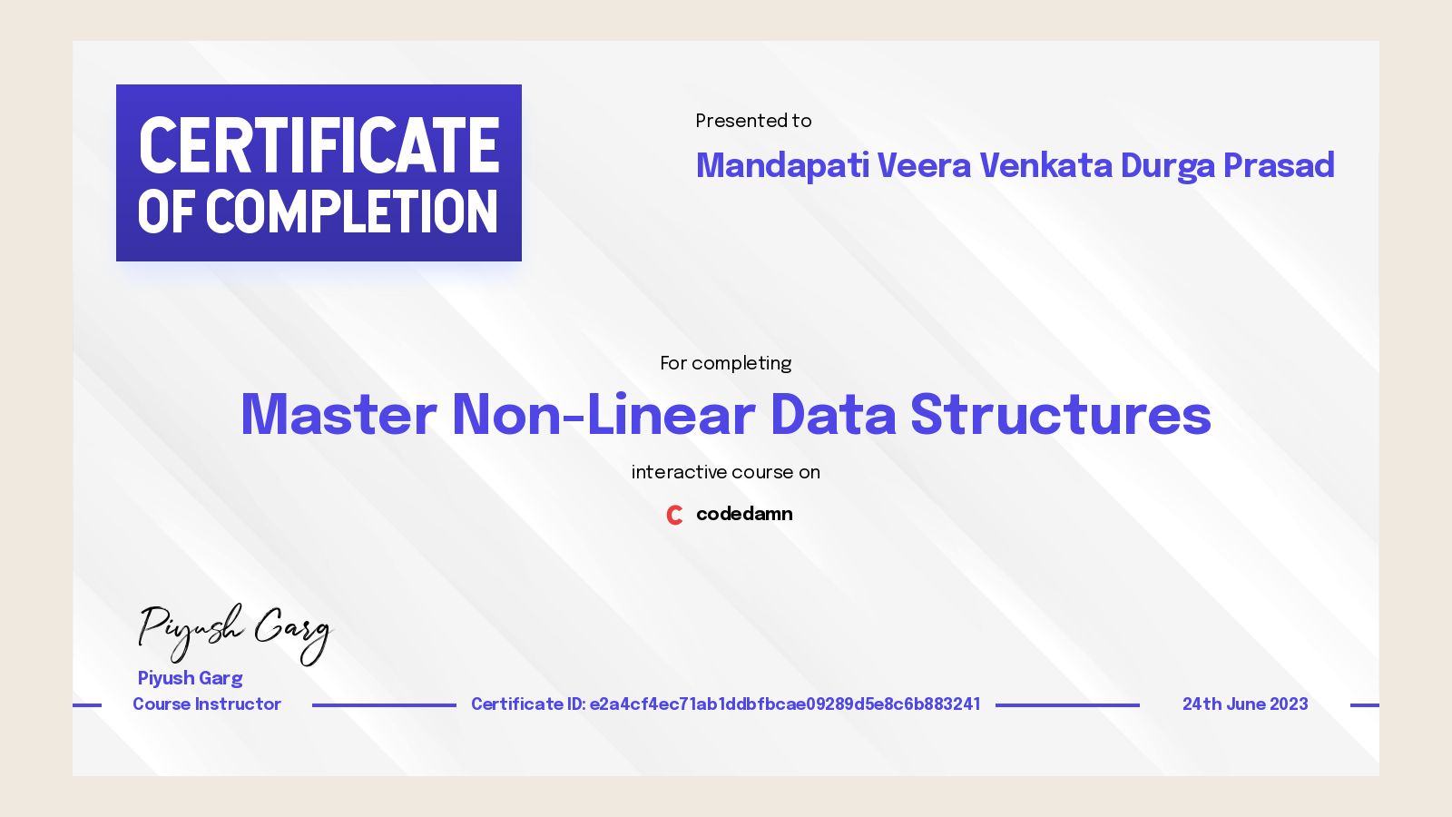 Mandapati Veera Venkata Durga Prasad's certification for Master Non-Linear Data Structures ...