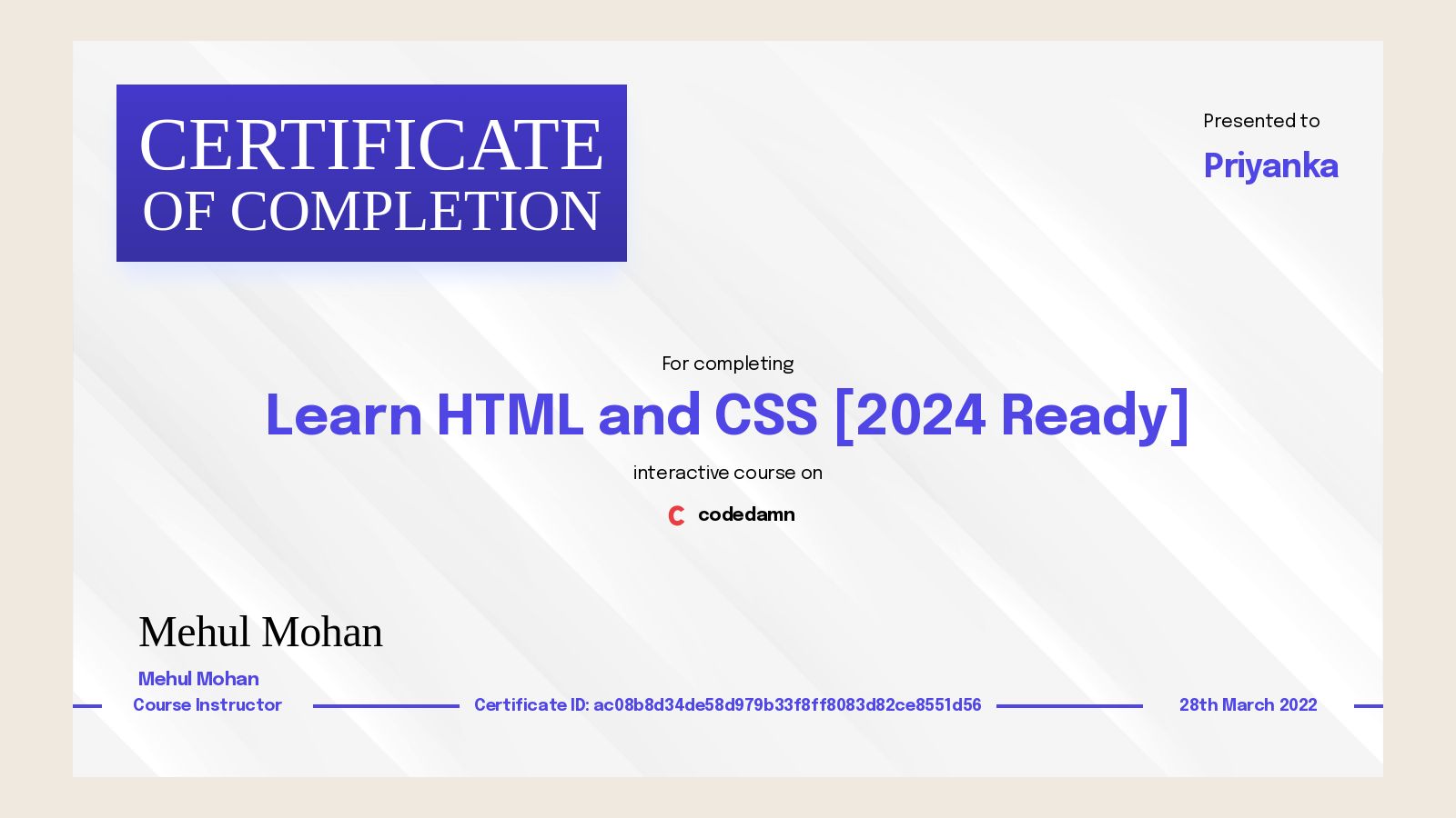 Priyanka's certification for Learn HTML and CSS [2024 Ready] - Codedamn