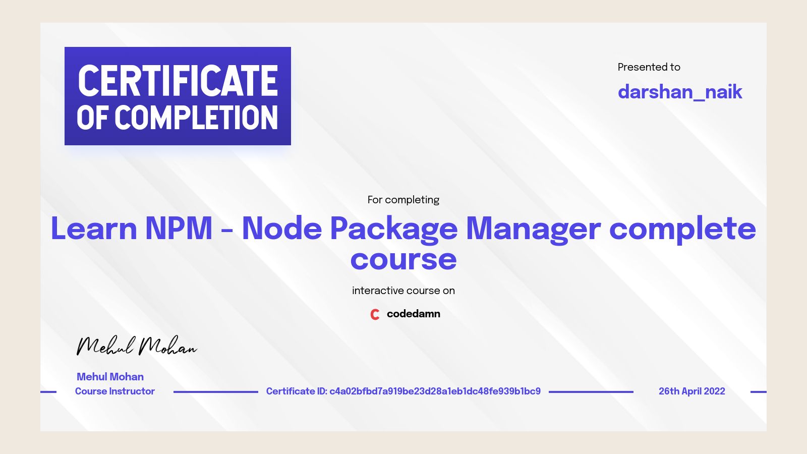 darshan_naik's certification for Learn NPM - Node Package Manager complete course - Codedamn