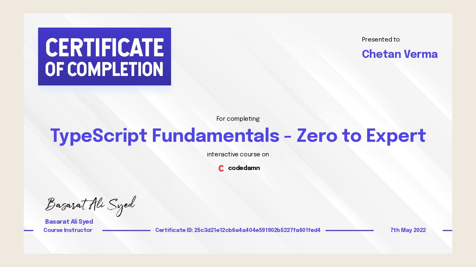 Chetan Verma's certification for TypeScript Fundamentals - Zero to Expert - Codedamn
